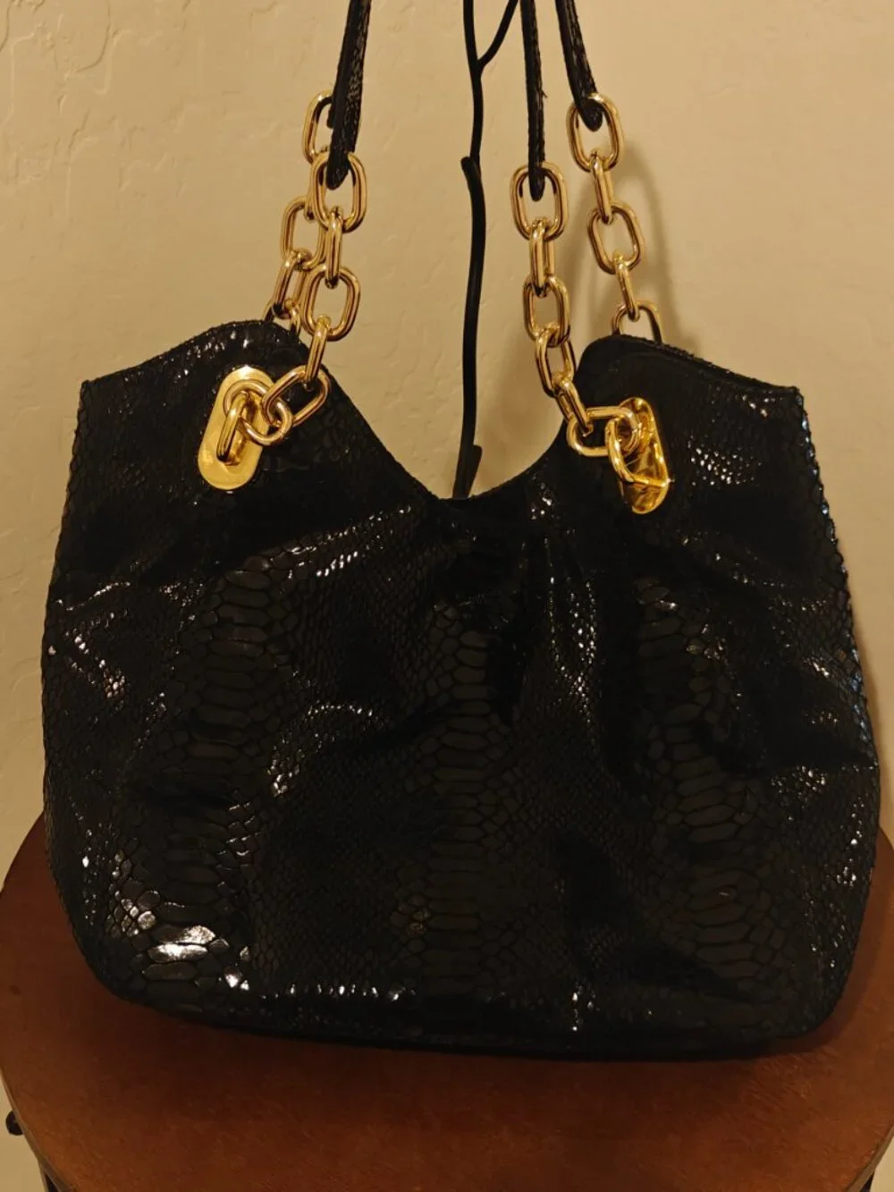 Michael Kors | Bags | Michael Kors Black Snakeskin Patent Leather Gold ...